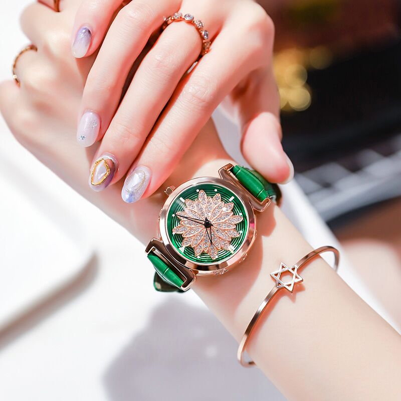 Creative Rotation Flower Women Watches Luxury Diamand Rose Gold Clock ...