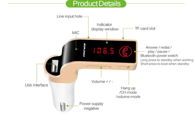 4-in-1 Hands Free Wireless Bluetooth FM Transmitter G7 + AUX Modulator ...